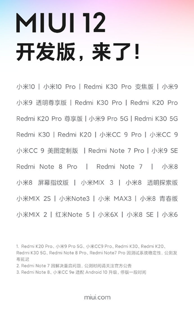 小米MIUI12开发版正式推送，小米6等32款机型可升级