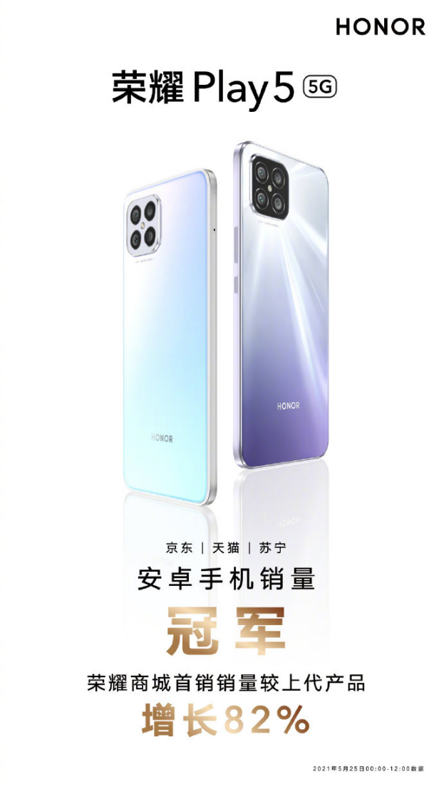 支持66W超级快充，荣耀Play5首销斩获三大电商平台销量冠军