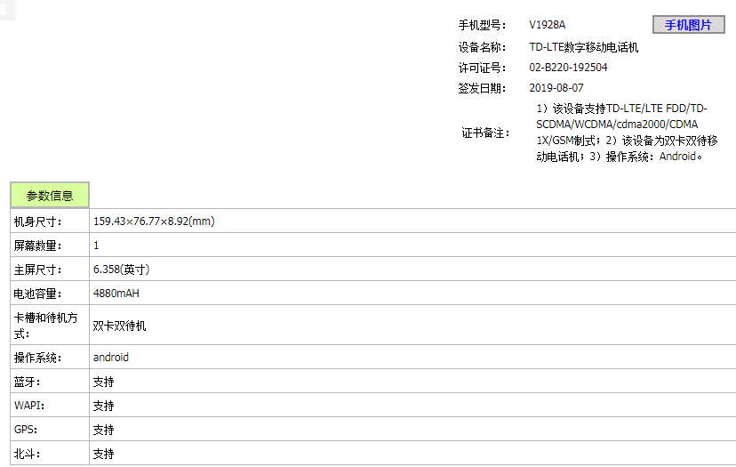 vivo新机入网，内置4880毫安时电池
