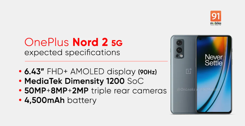 一加Nord 2 5G显示屏规格在7月22日发布前曝光