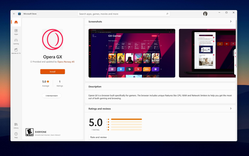 Opera GX浏览器开始在Windows 11微软商店分发
